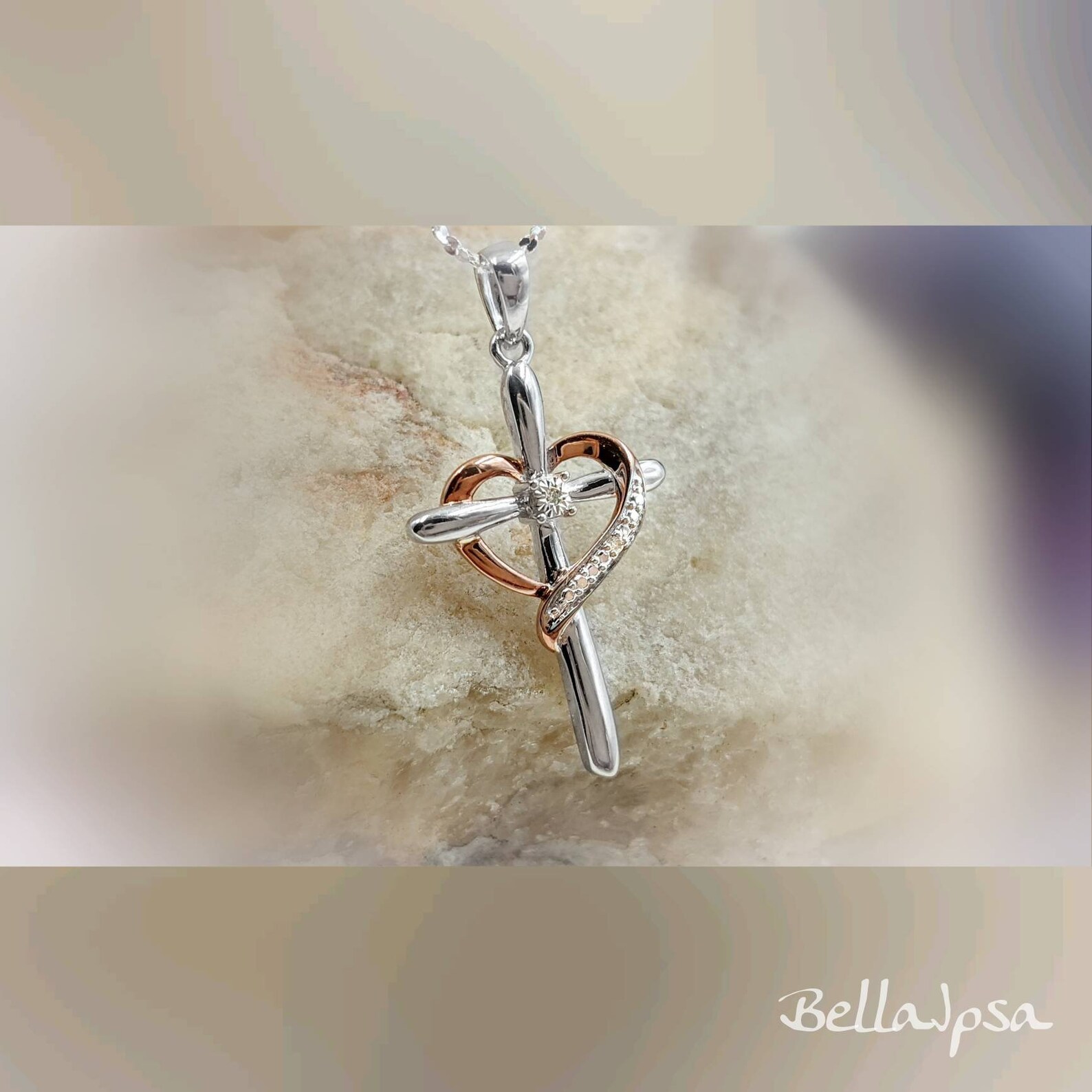 Rose Gold & Sterling Silver Cross Necklace With Heart and | Etsy