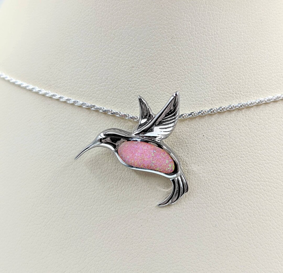 Silver & Pink Opal Hummingbird Necklace; 925 Sterling Hummingbird ...