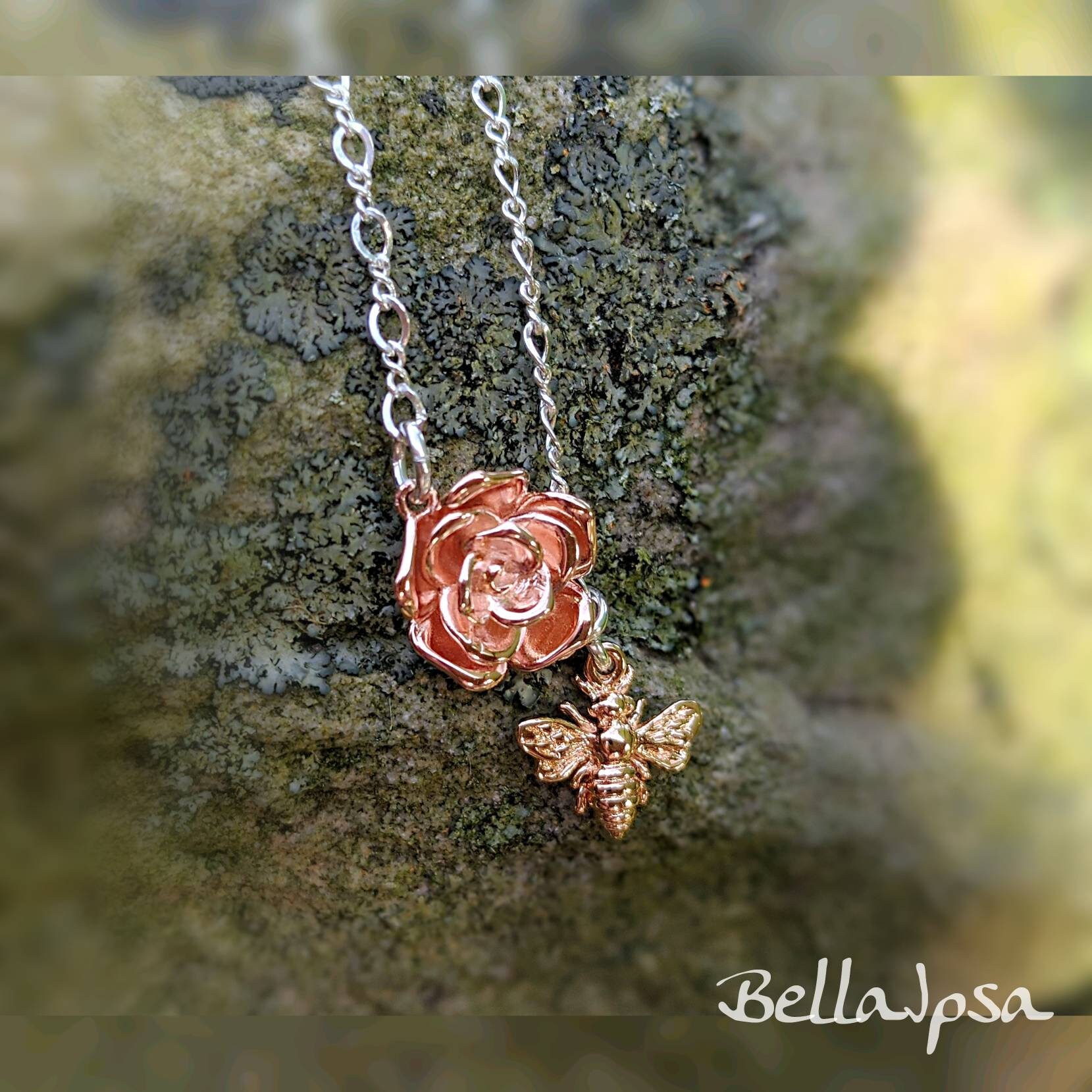14K Vermeil Rose Gold Honey Bee Necklace With Rose Flower; Rose Gold ...