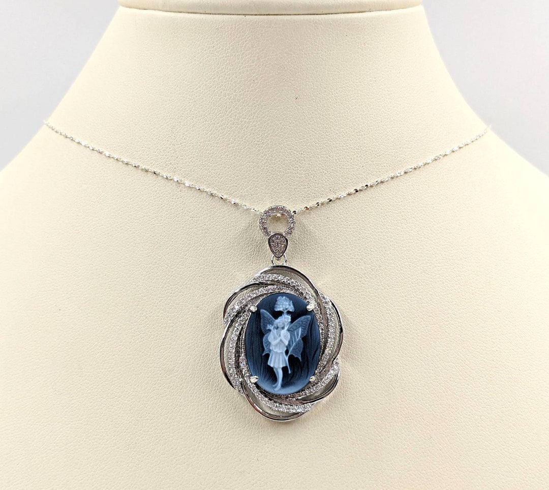 Genuine Agate AA Black / Blue Agate Cameo Necklace; Victorian Fairy ...