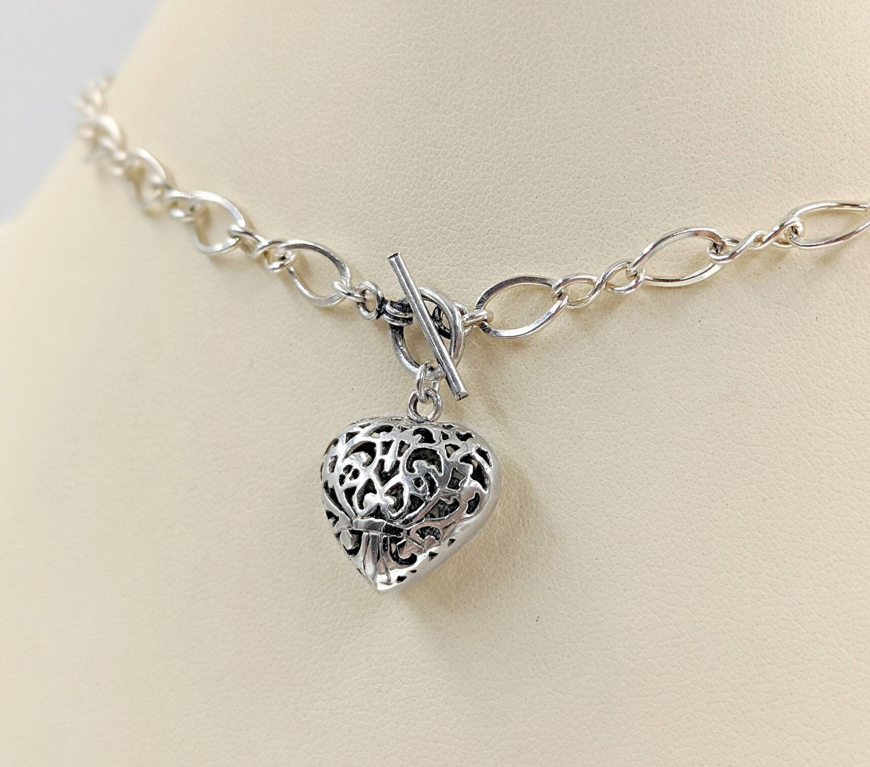 925 Sterling Silver Heart Toggle Necklace Heart Toggle Puffy Etsy
