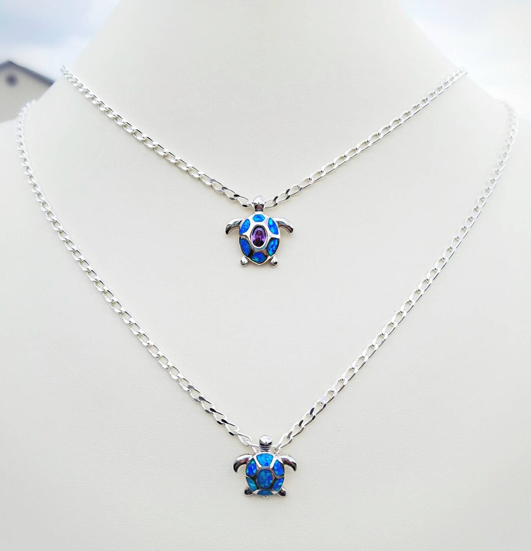 Layered Double Chain Blue Fire Opal and Purple Amethyst Sea Turtle ...