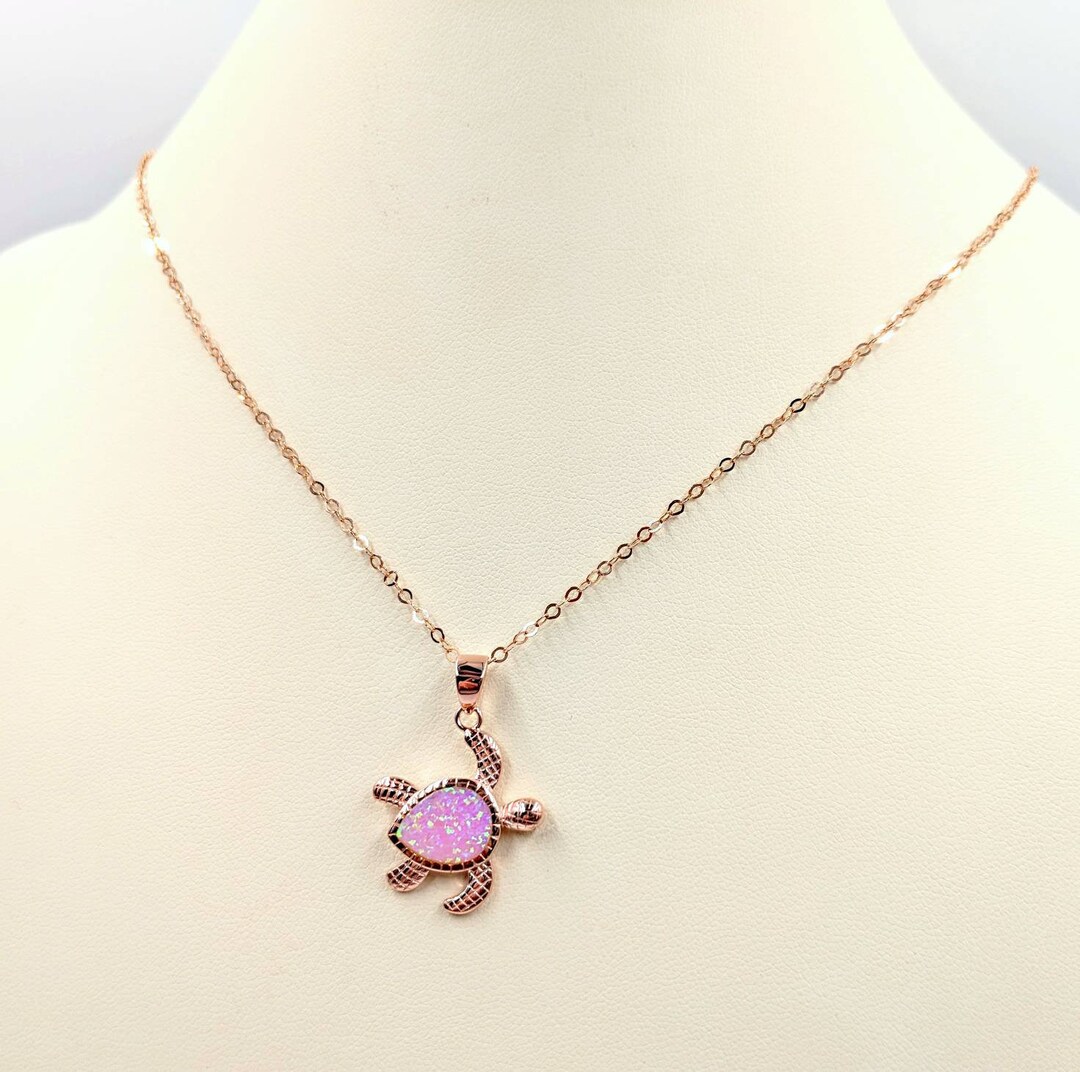 Adorable 925 Pink Opal Rose Gold Sea Turtle Pendant Necklace on Rose ...