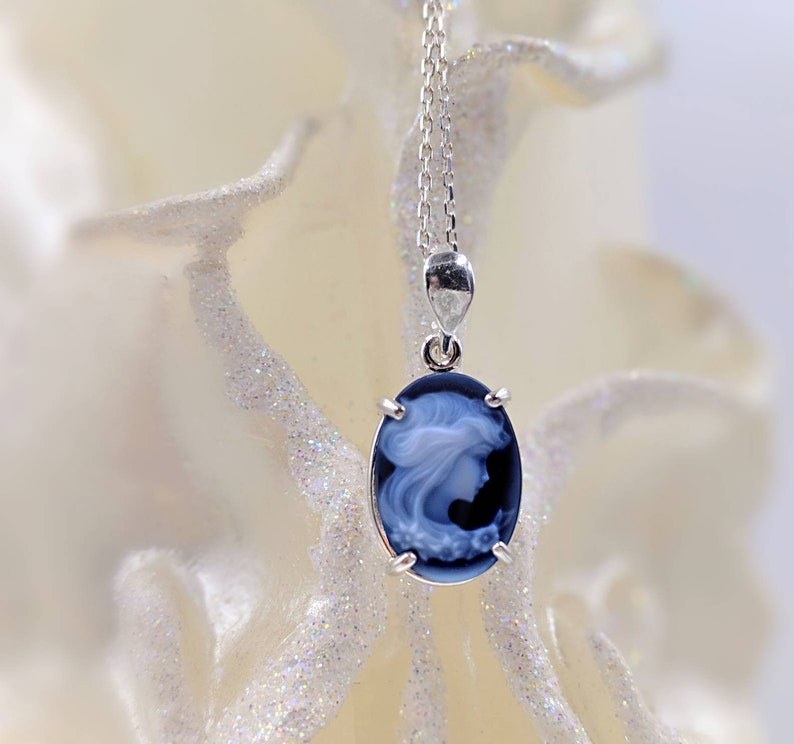 Blue Victorian Cameo, Genuine Agate Cameo Necklace, Blue Woman Stone ...