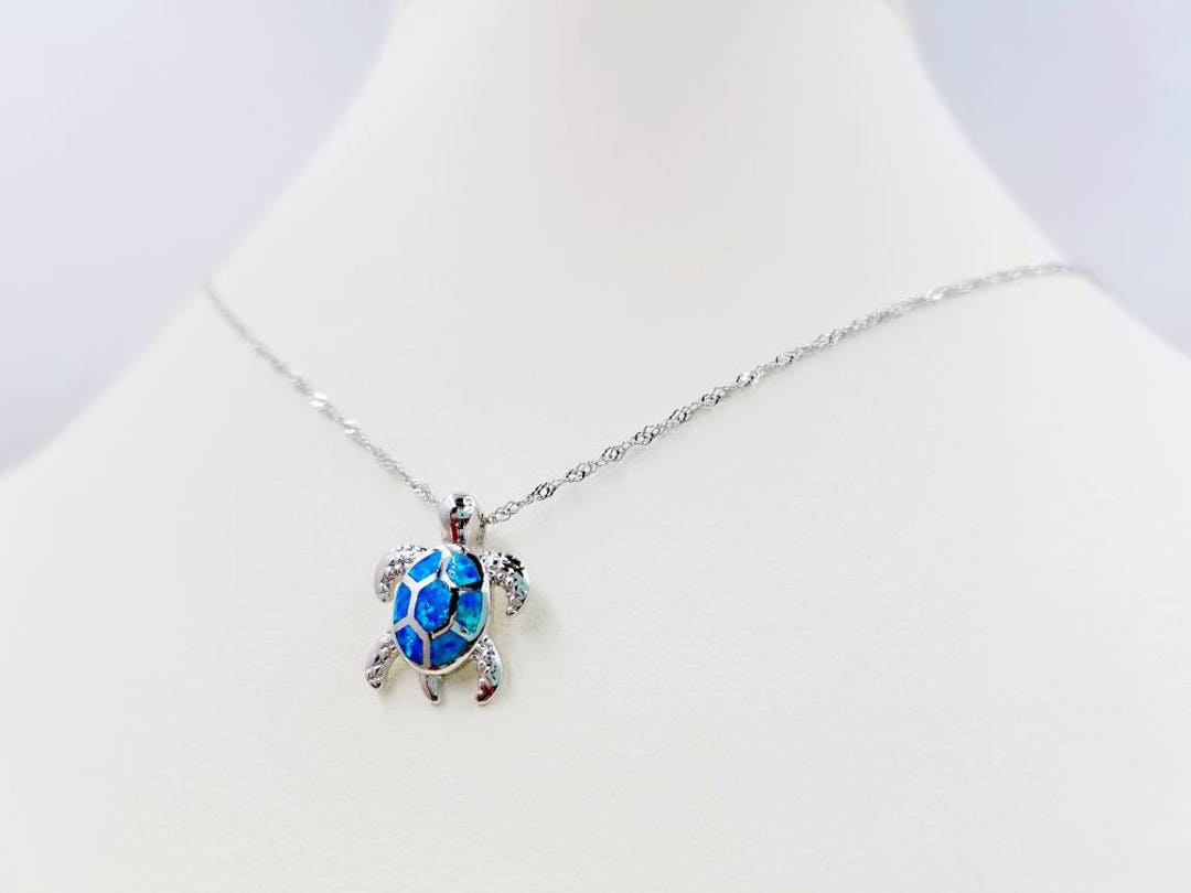 Turtle Necklace - Sterling Silver Water Wave Chain Necklace W Blue Fire ...
