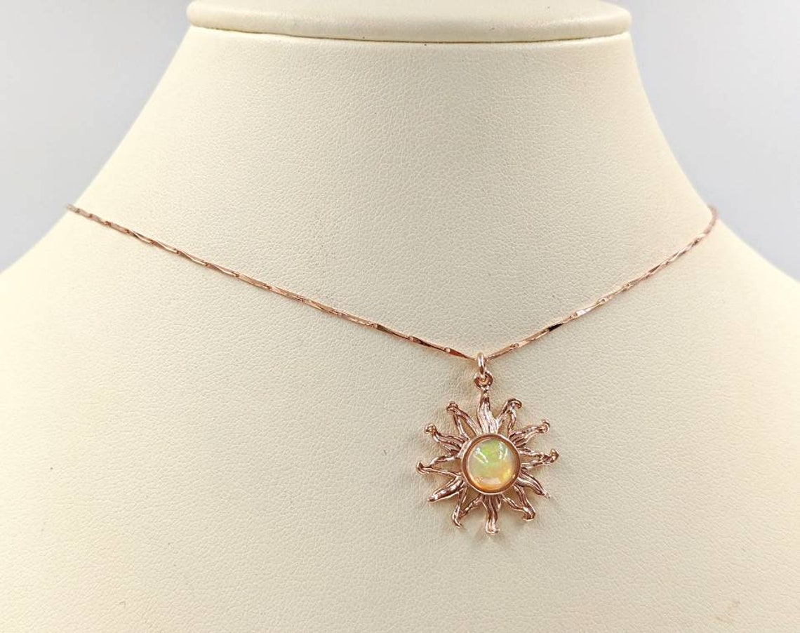 Genuine Fire Opal and Solid 14K Rose Gold Sun Pendant Necklace ...