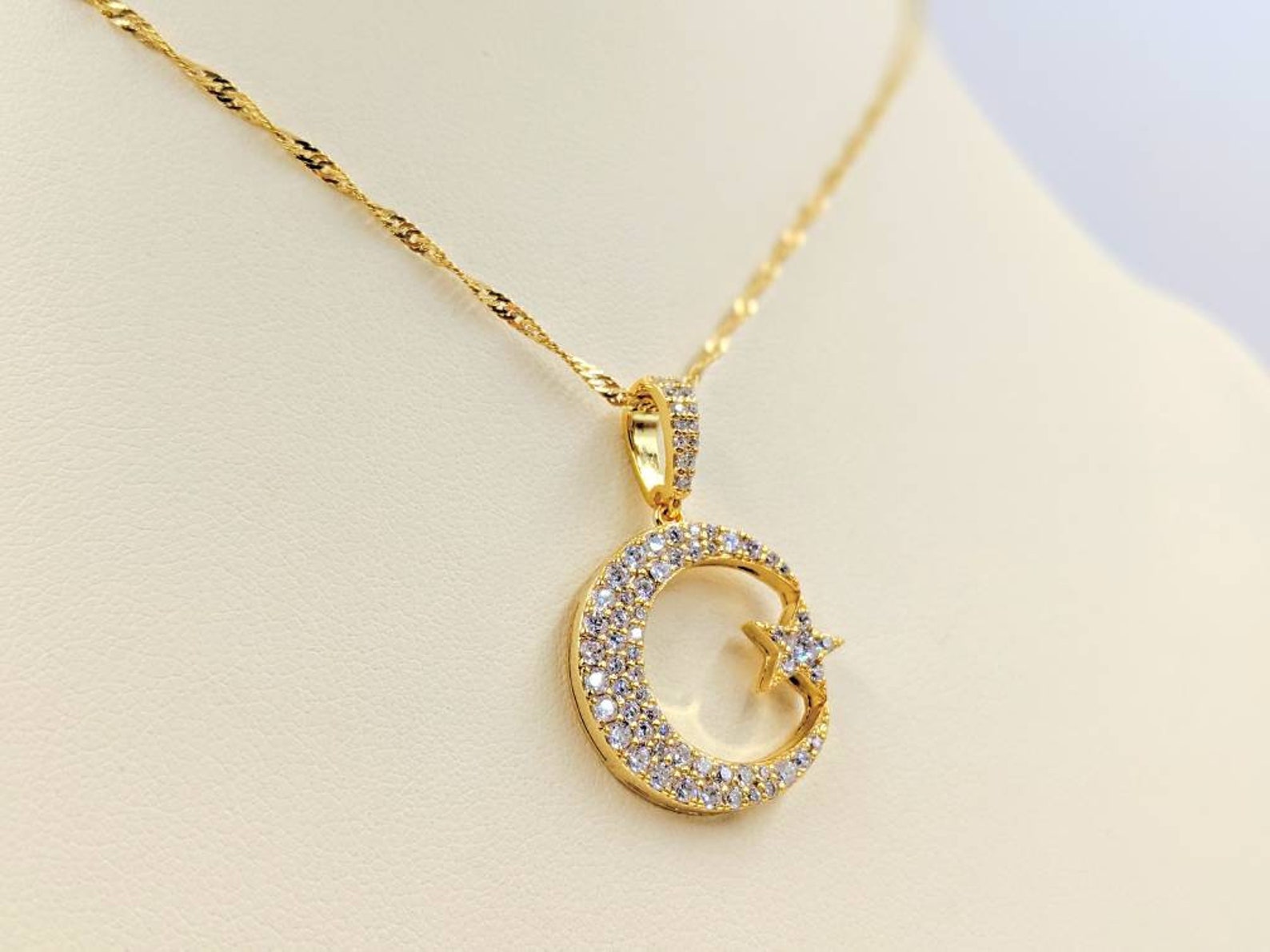 Gold Crescent Moon Necklace; Textured Gold Crescent Moon Necklace; 925 ...