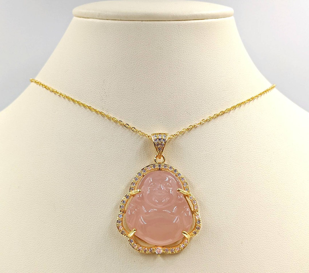 Yellow Gold Genuine Pink Jade Buddha; 925 Gold Buddha Necklace; Gold ...