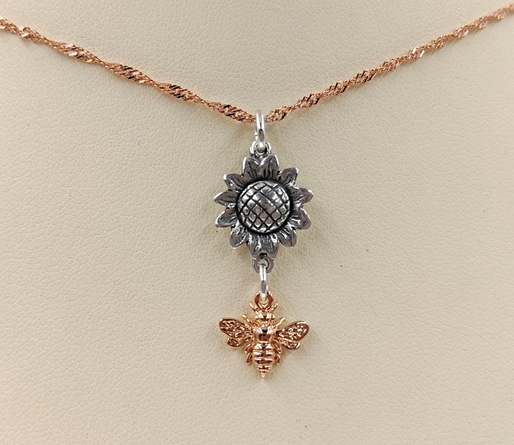 Two Tone 14K Rose Gold Bee Necklace With Sunflower Gold Bee - Etsy