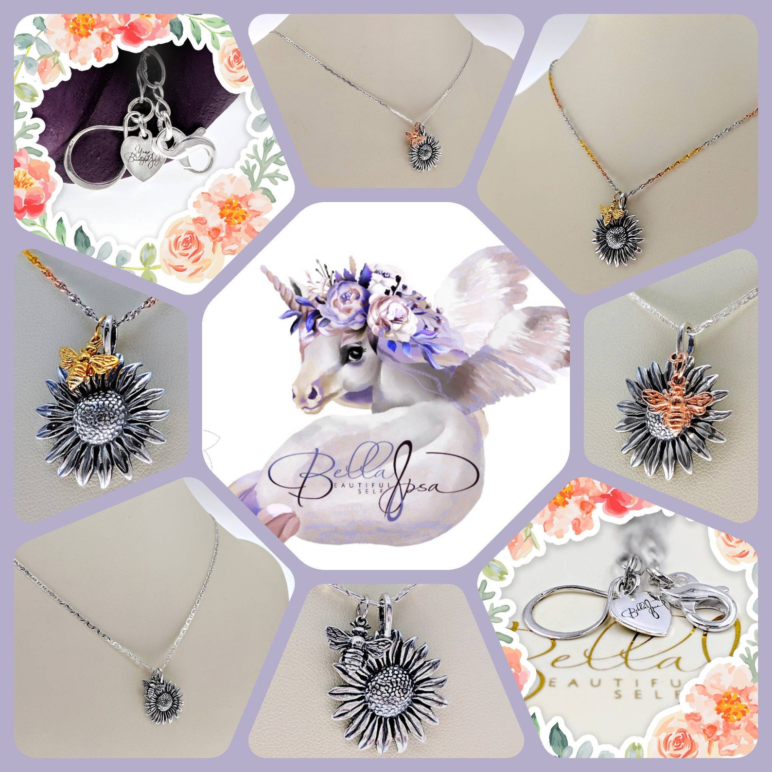 Tri Tone Bee & Sunflower Necklace 925 Sun Flower Necklace on - Etsy