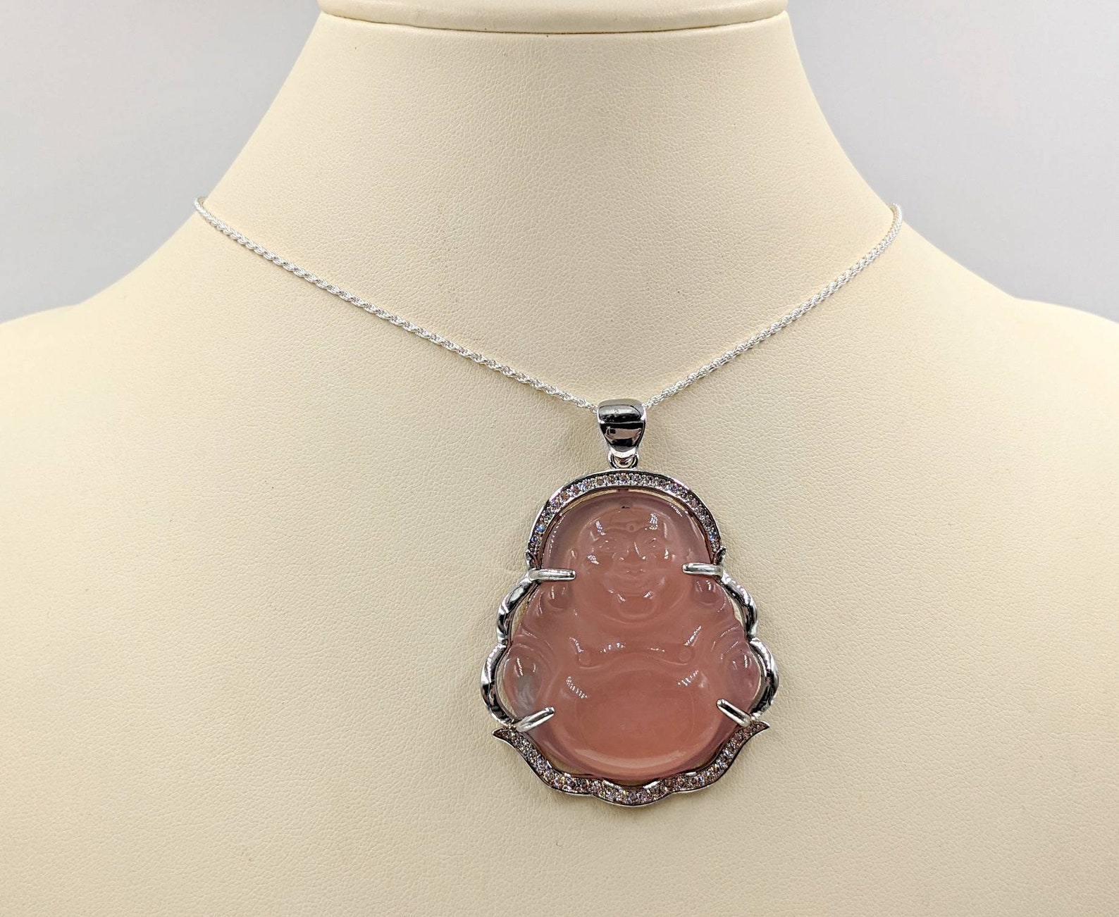 Large Sterling Silver Pink Jade Buddha 925 Buddha Necklace | Etsy