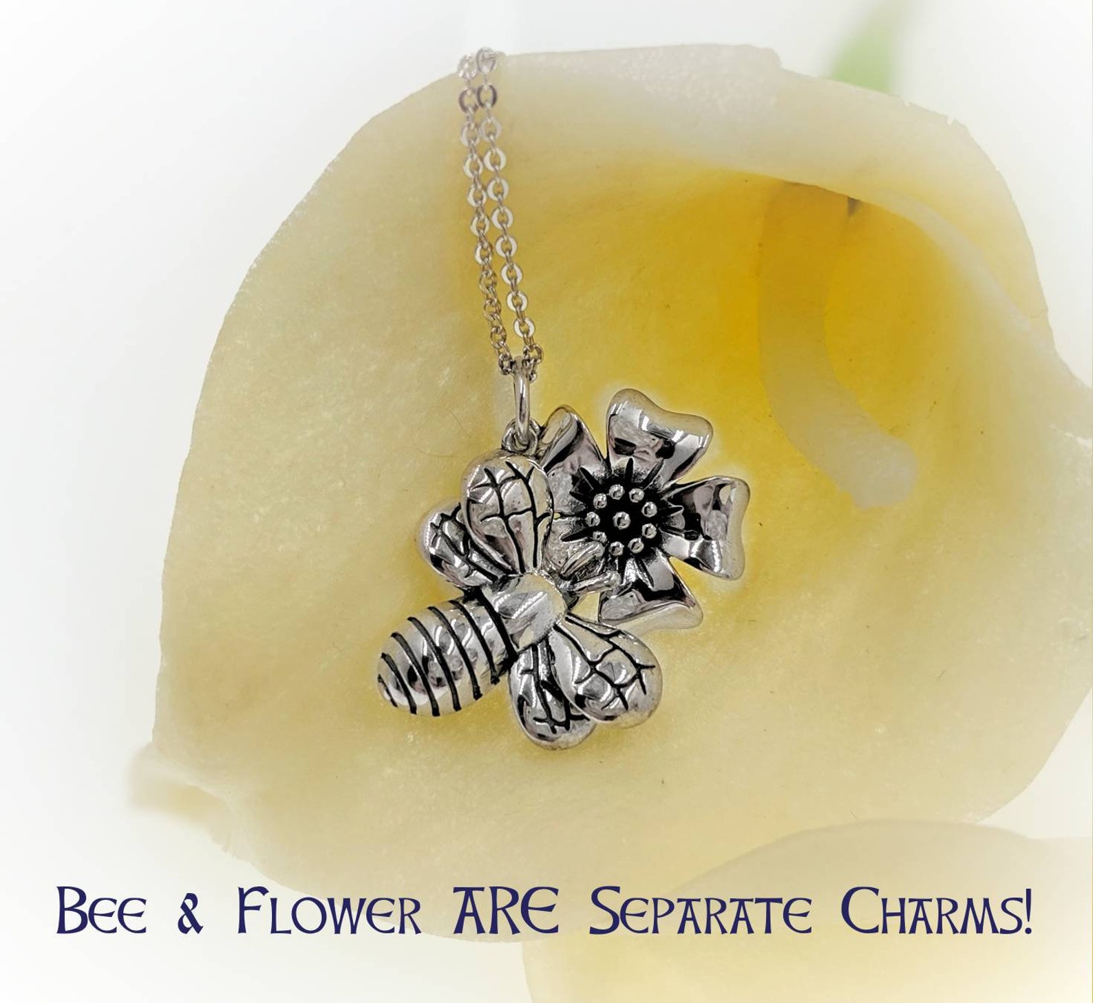 Bee & Sunflower Necklace; 925 Bee Flower Necklace on Silver Chain; 925 ...