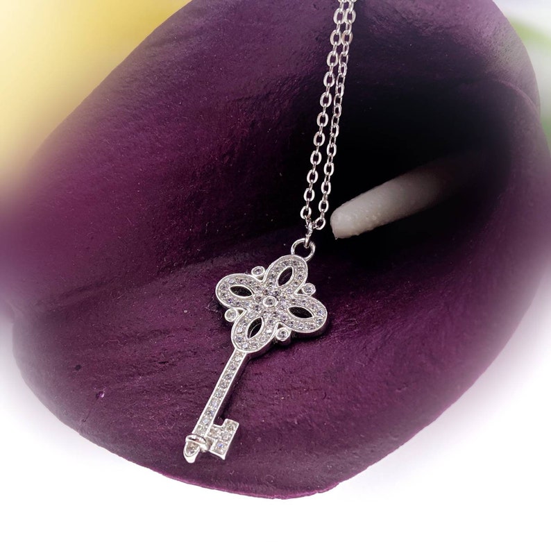 925 and CZ Pave Key Necklace Silver Key Pendant Box Snake | Etsy