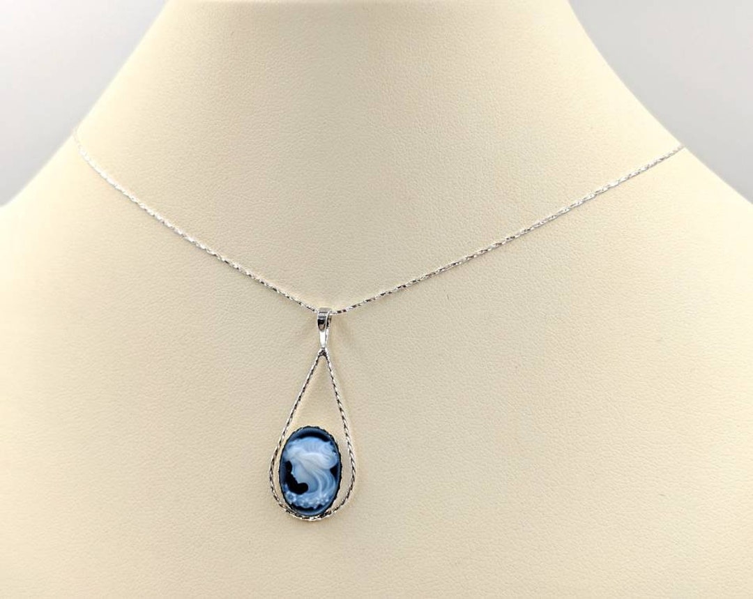 Blue Victorian Cameo, Genuine Agate Cameo Necklace, Blue Woman Stone ...