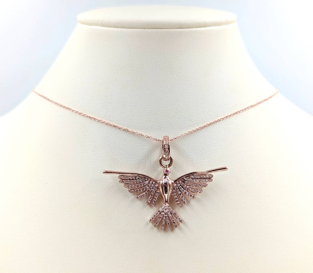 Solide 14K Rose Gold Phoenix Rising Halskette, 14K Rose Gold Phoenix Rising; Rosen-Vogel-Tropfen ...