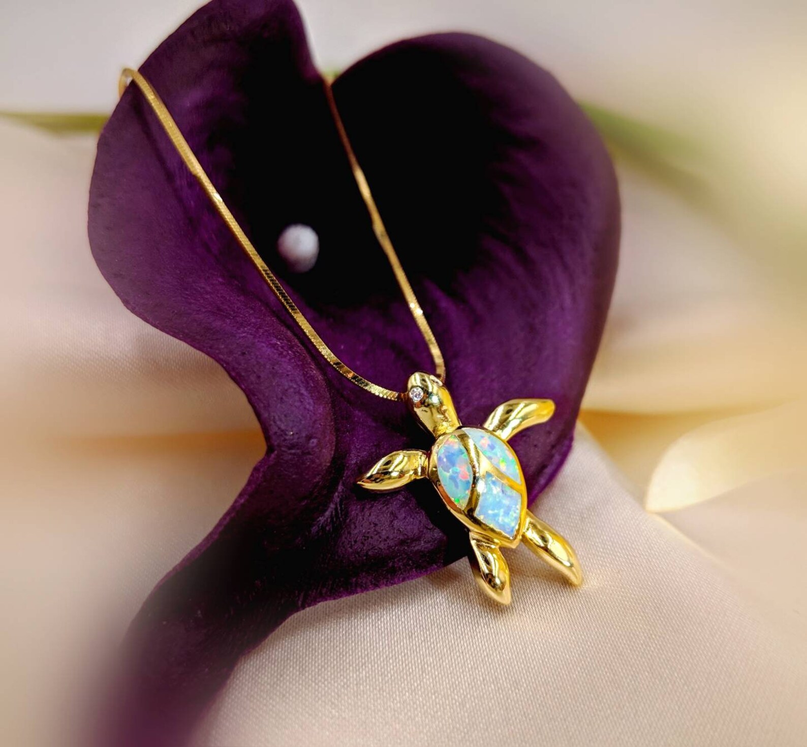 Adorable 925 Gold & White Opal Turtle Pendant W CZ Detail on Gold and ...