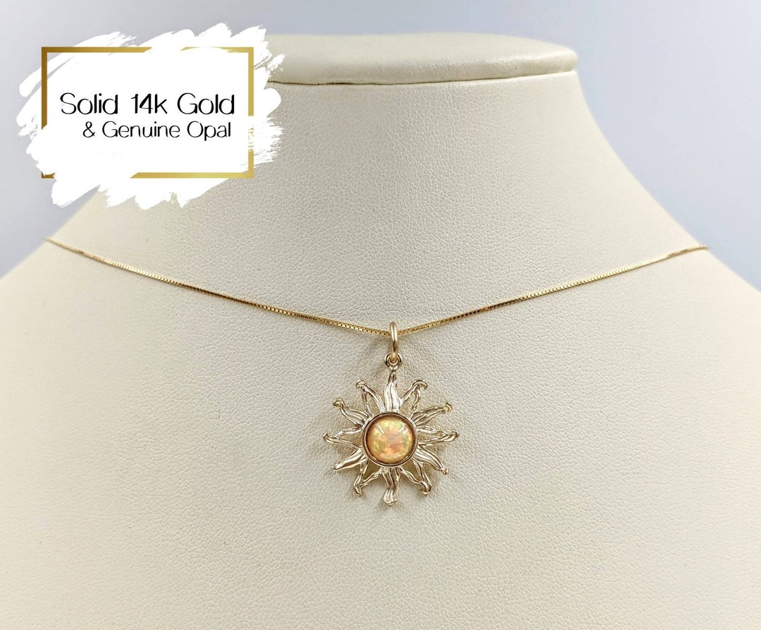Genuine Fire Opal and Solid 14K Gold Sun Pendant Necklace; Genuine ...