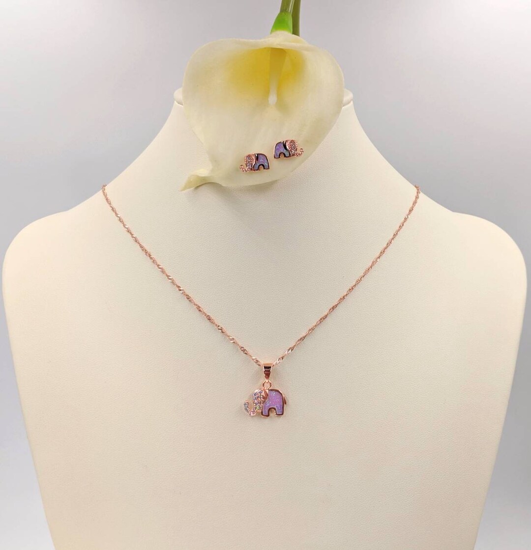 Rose Gold Pink Opal Elephant Necklace & Earring Set; 925 Rose Gold Opal ...