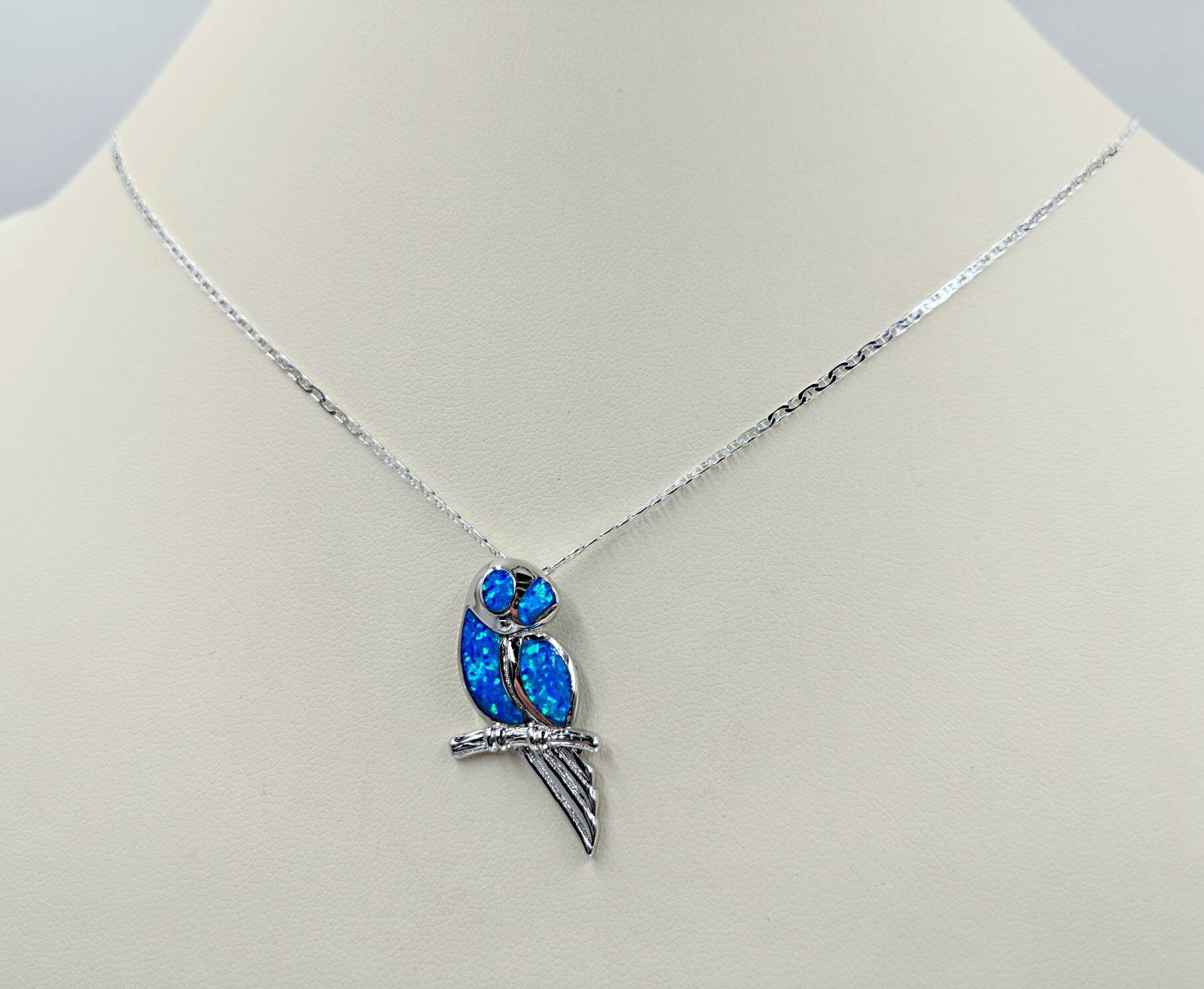 Blue Opal Owl Necklace; 925 Sterling & Fire Opal Owl Charm on Mariner ...