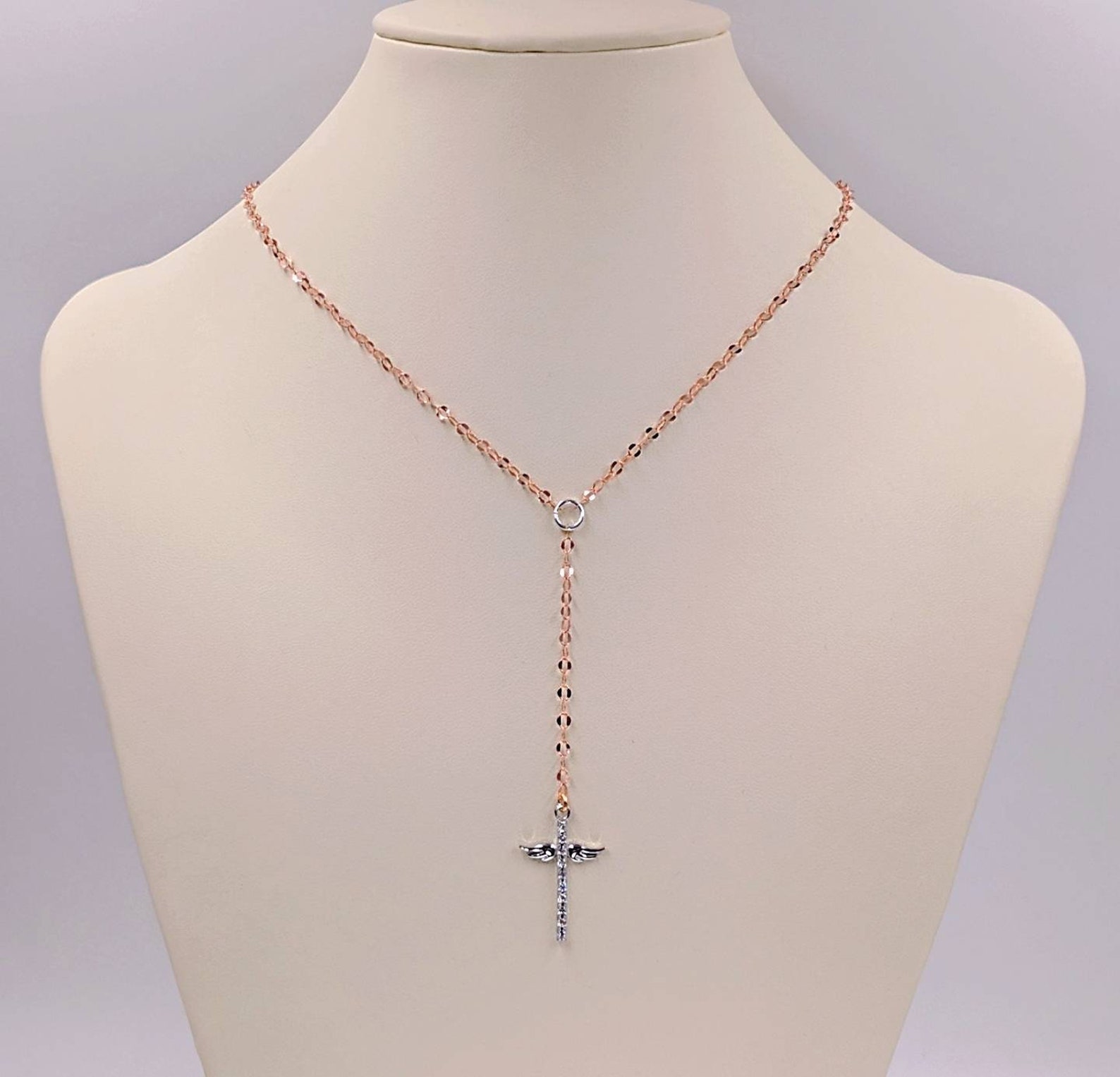 Two Tone Rose Gold Winged Cross Lariat 925 Rose Gold Lariat - Etsy