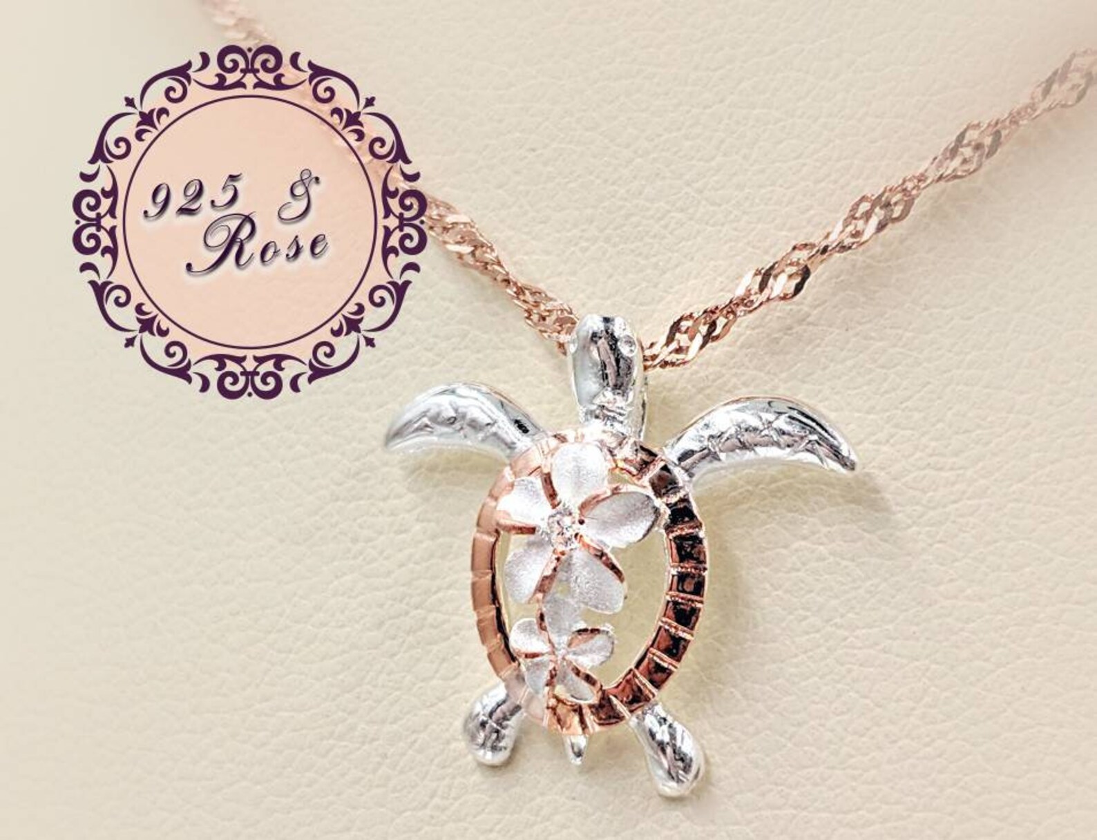 Two Tone Turtle Rose Gold Turtle Necklace With Hibiscus - Etsy