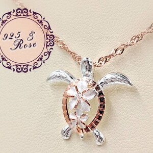 Two Tone Turtle Rose Gold Turtle Necklace With Hibiscus Flower Rose and ...