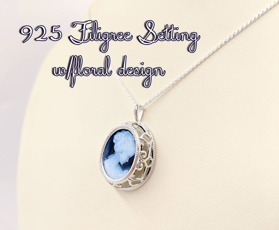 Real Classic Blue Victorian Cameo Necklace - Black / Blue Genuine Agate ...