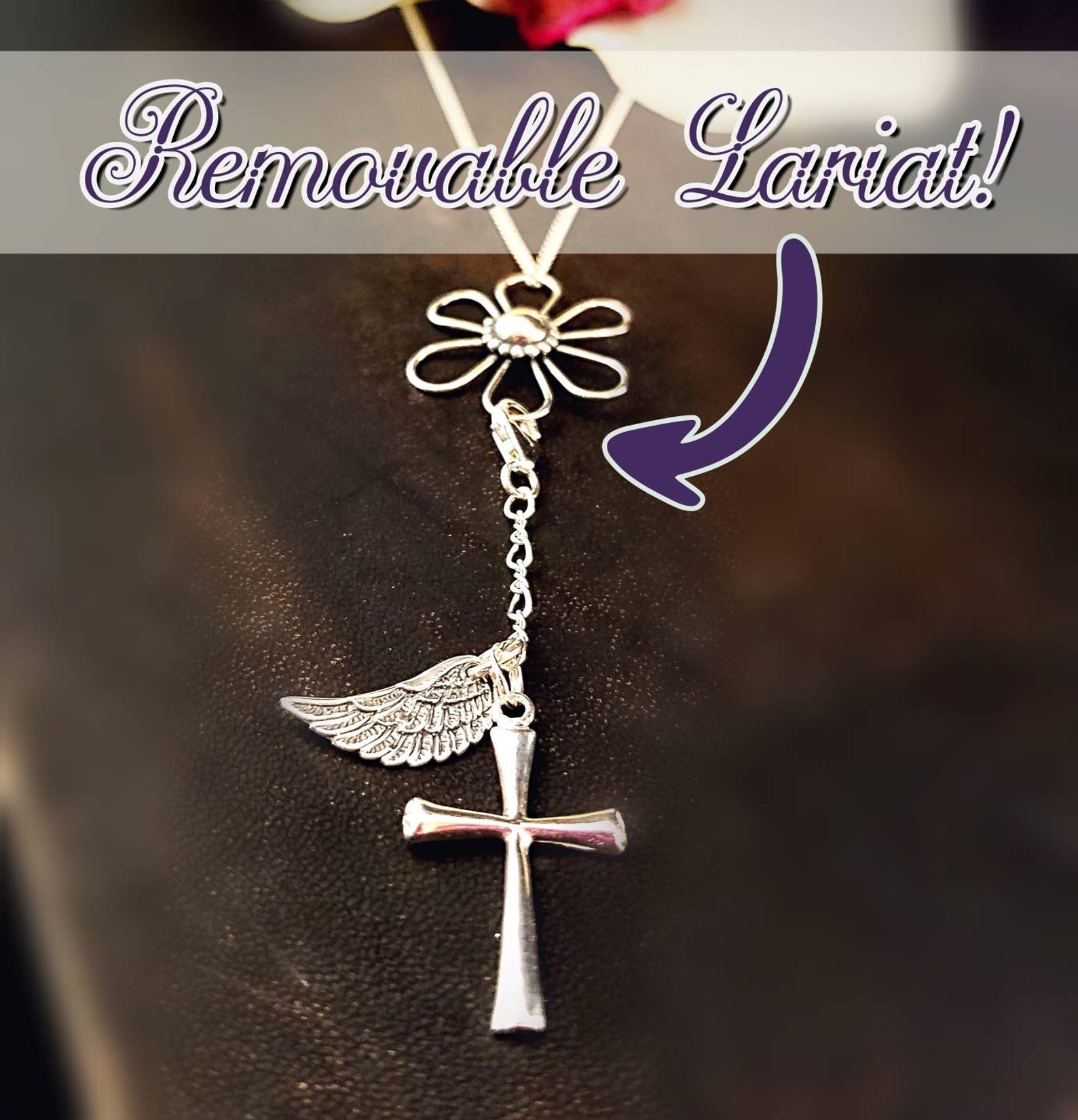 Flower, Wing, Cross Lariat Necklace; Flower Center Lariat W Removable ...