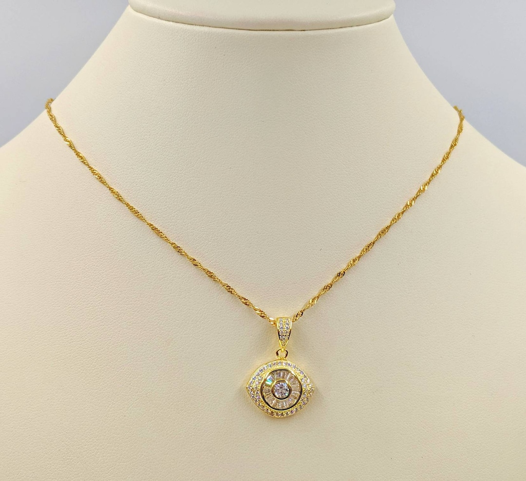 All Seeing Eye Necklace, Gold 925 Baguette Eye Pendant Necklace Gold ...