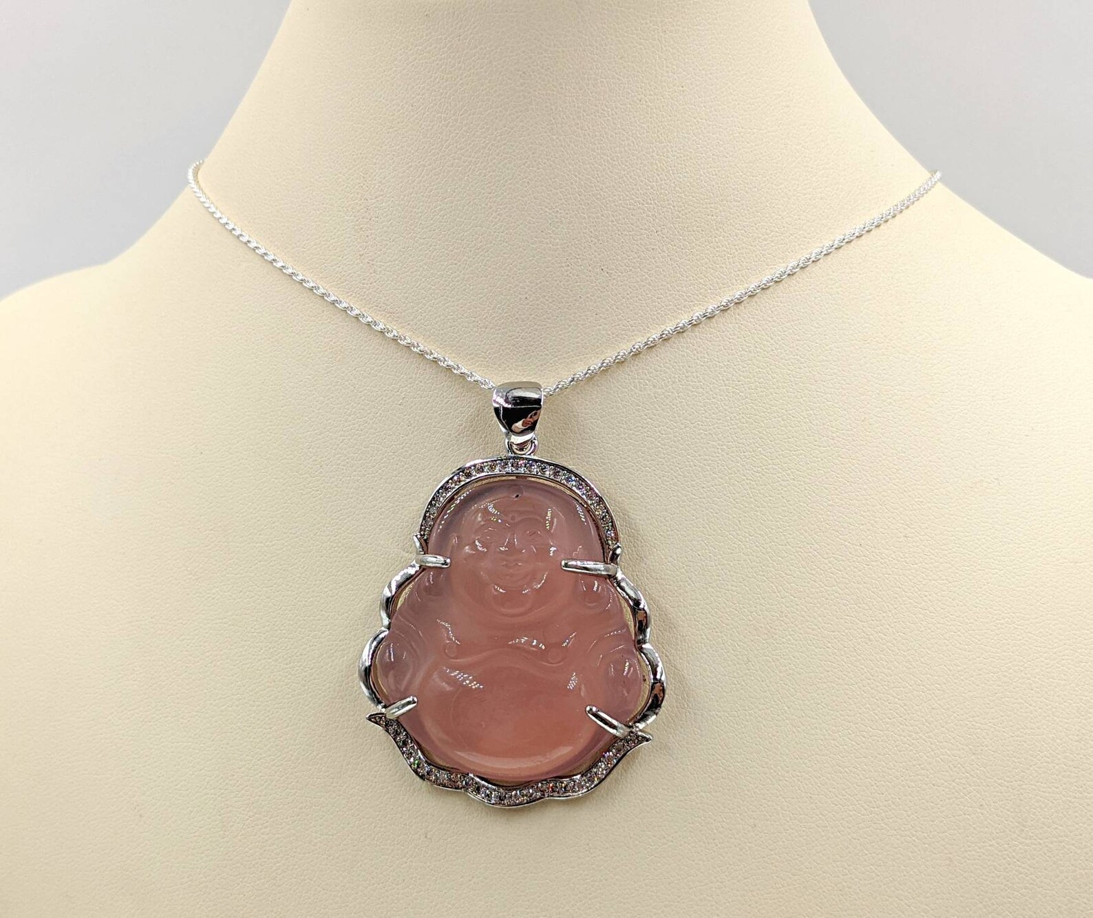 Large Sterling Silver Pink Jade Buddha 925 Buddha Necklace | Etsy