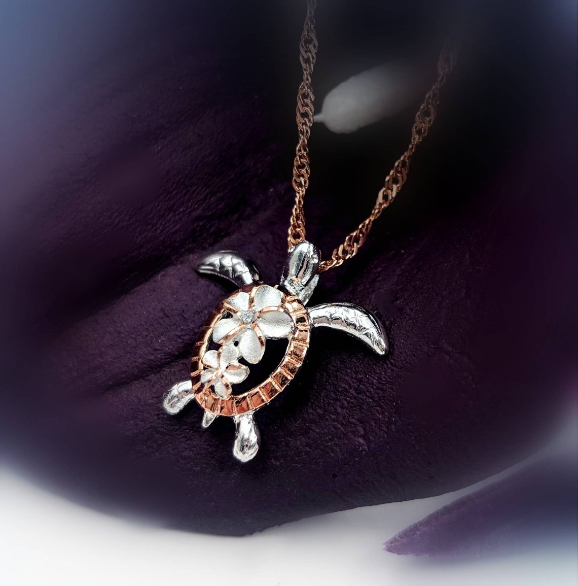 Two Tone Turtle Rose Gold Turtle Necklace With Hibiscus - Etsy