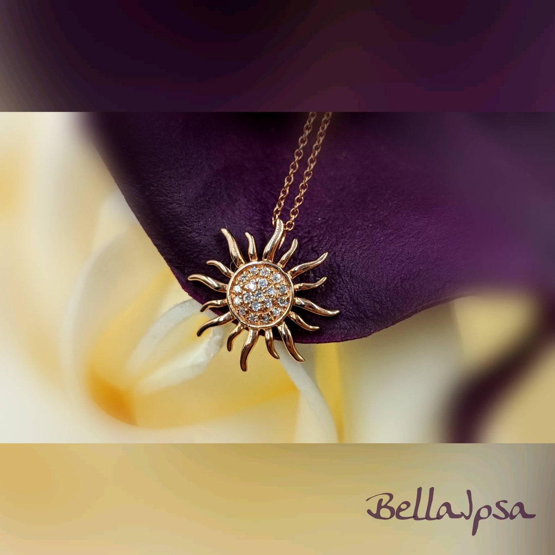 Genuine Diamond and Solid 14K Rose Gold Sun Pendant Necklace - Etsy