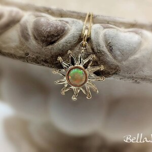 Genuine Fire Opal and Solid 14K Gold Sun Pendant Necklace; Genuine ...
