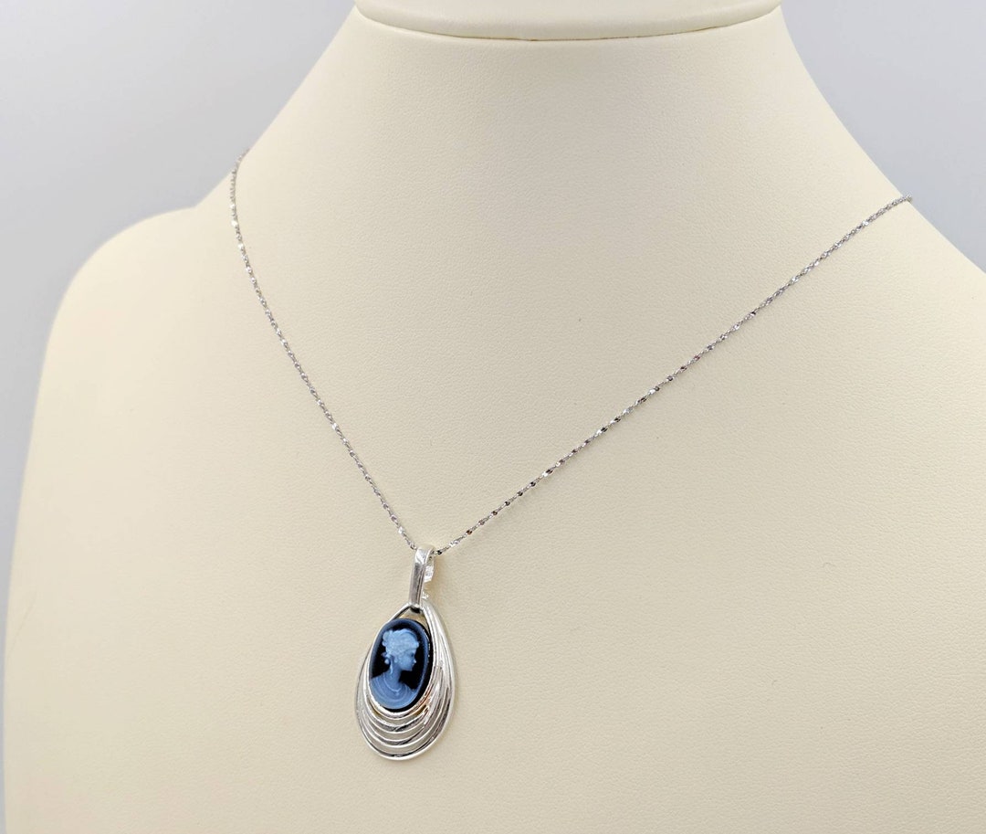 Blue Agate Lady Cameo; Blue Victorian Cameo Necklace; Genuine Agate ...