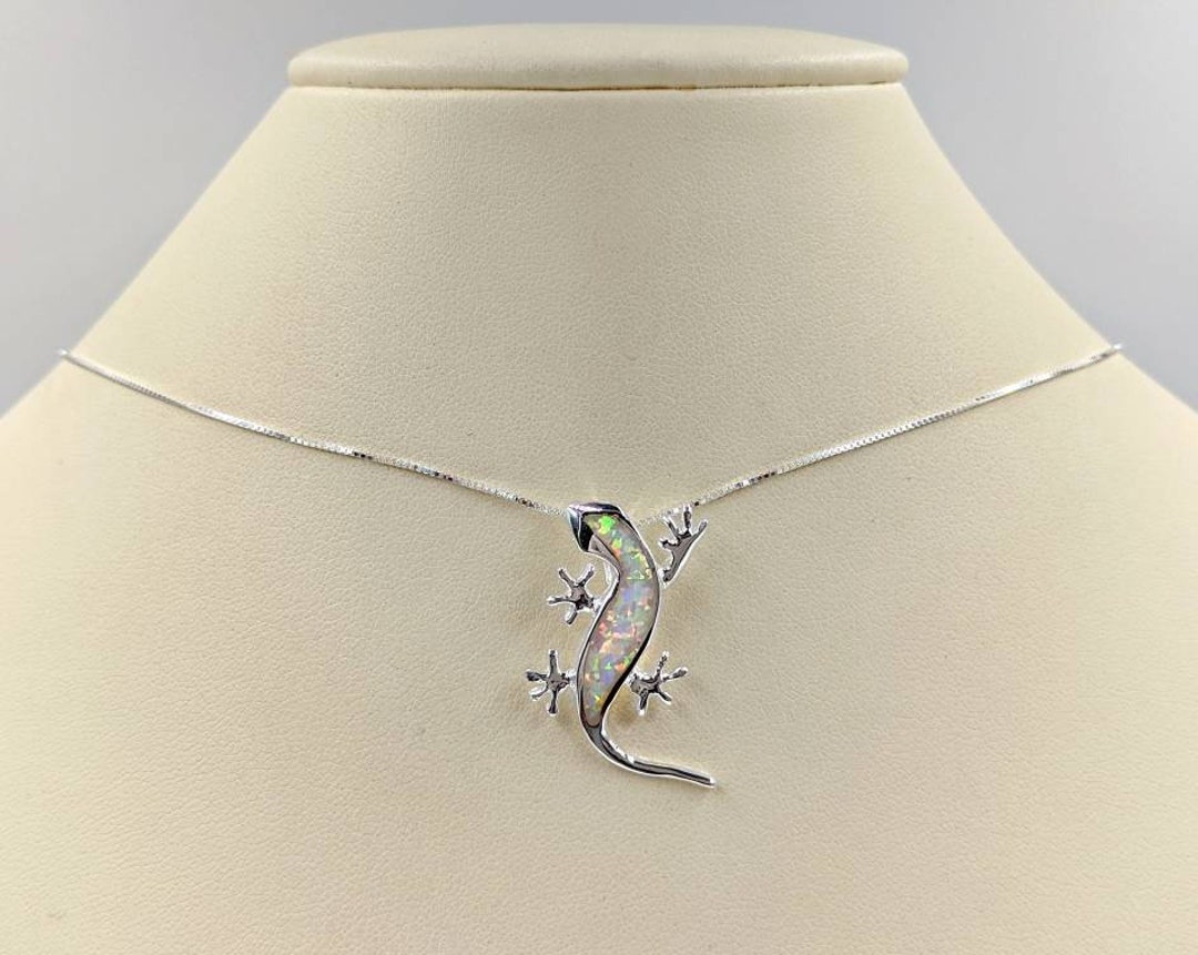 White Opal and 925 Sterling Silver Lizard Necklace; Gecko Lizard ...