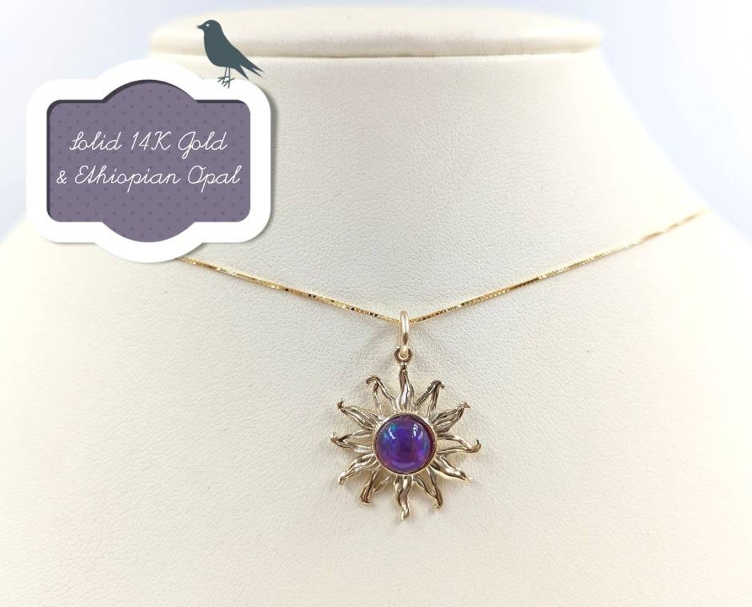 Genuine Opal and Solid 14K Gold Sun Pendant Necklace; Genuine Purple ...