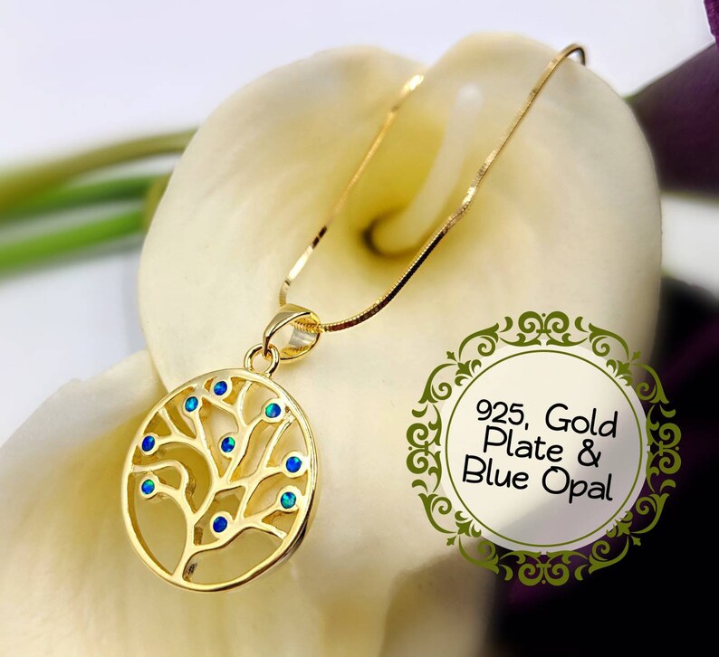 925, Gold, & Blue Opal Tree of Life Necklace; Gold Family Tree; Tree of ...