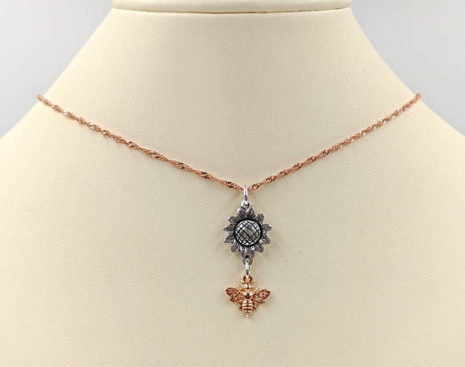 Two Tone 14K Rose Gold Bee Necklace With Sunflower Gold Bee - Etsy