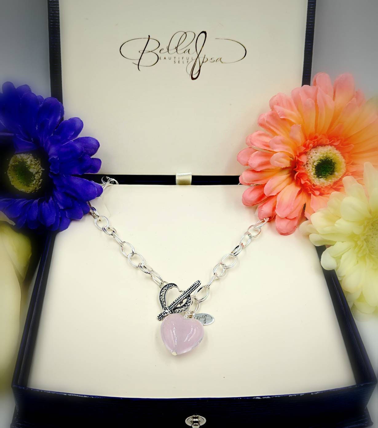 Pink Heart Toggle Necklace Sterling Fancy Double Link Chain | Etsy