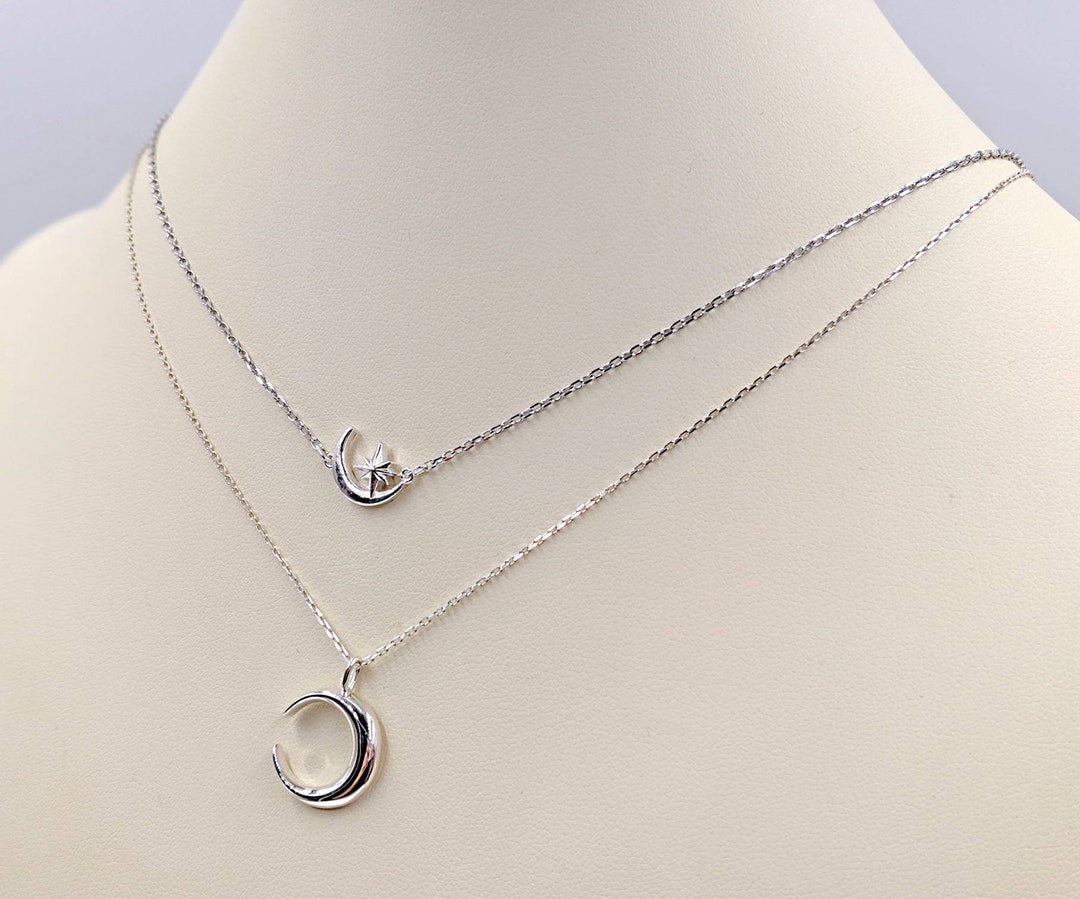 925 Moon Necklace; 925 Crescent Moon Layered Necklace; Double Chain ...