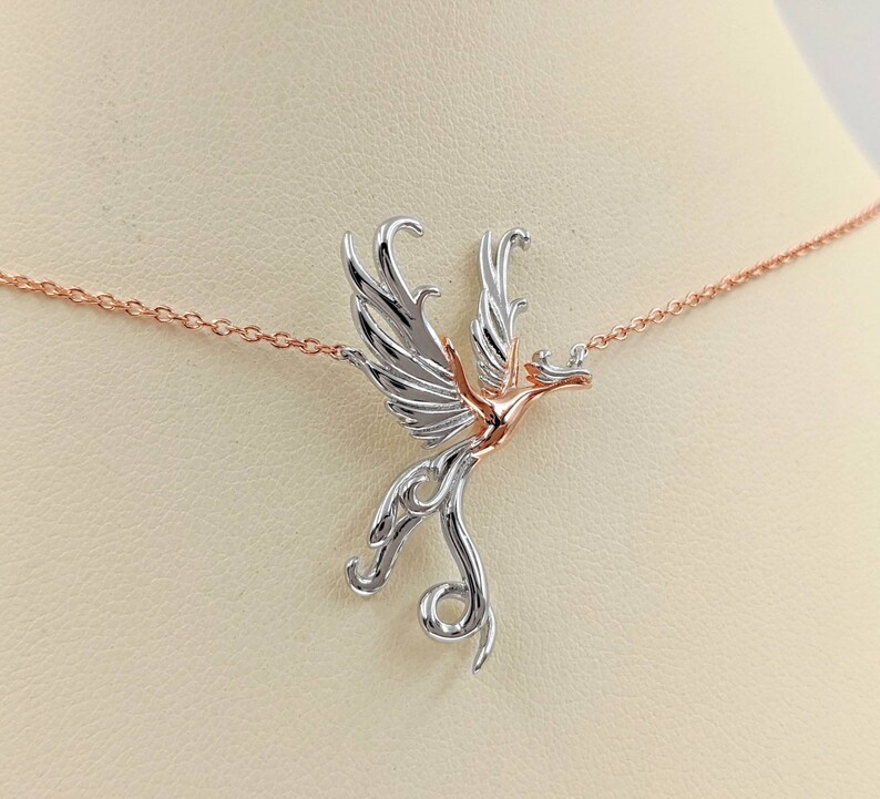 Two Tone Phoenix Rising Necklace, 925 Silver & Rose Gold Phoenix Rising ...