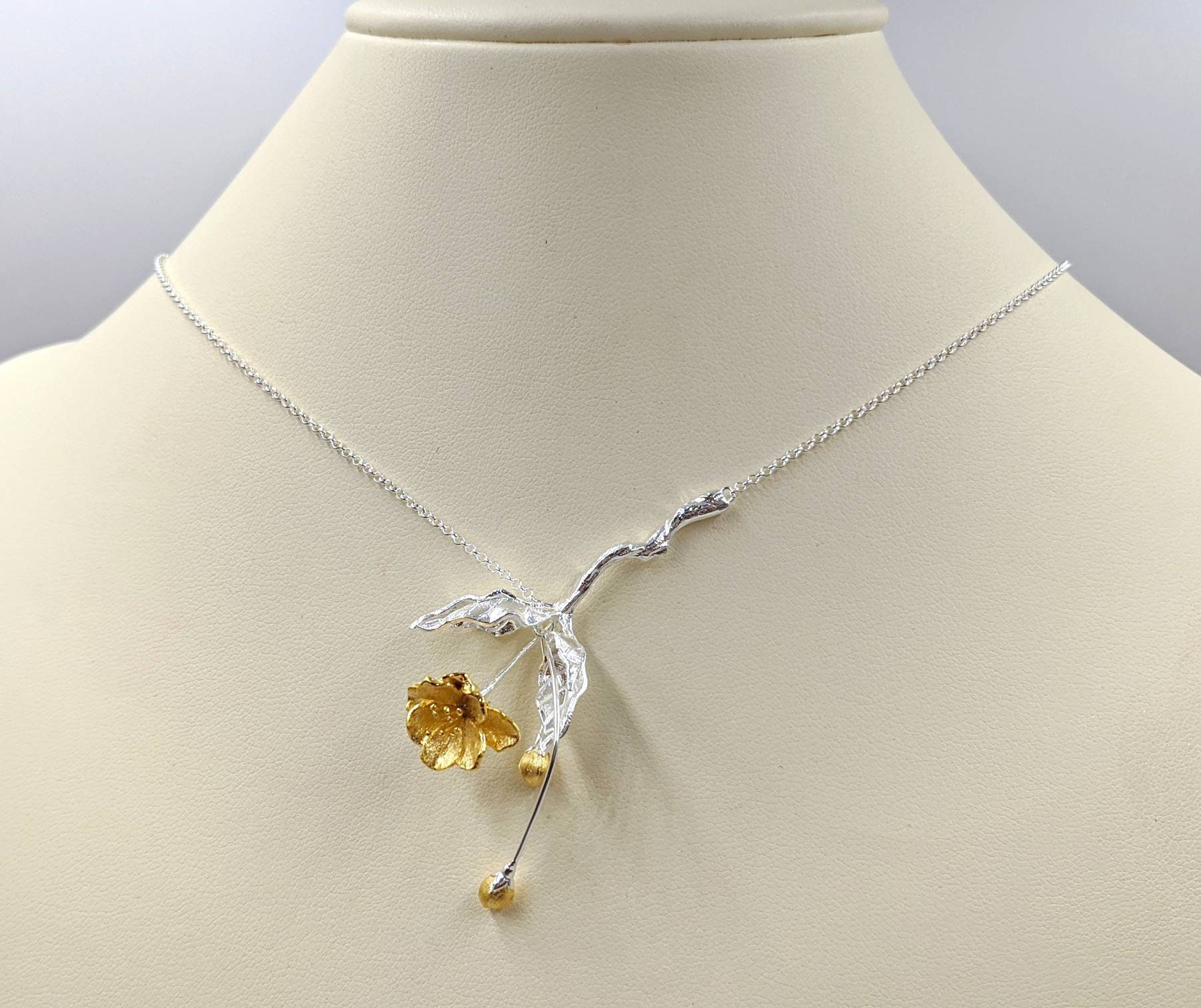 Two Tone Begonia Flower Necklace; 925 Hanging Flower Necklace on Silver ...