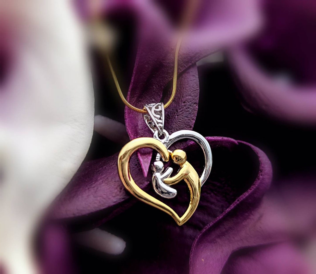 Mother & Baby Two Tone Heart Necklace; 925 Sterling Snake Chain W Gold ...