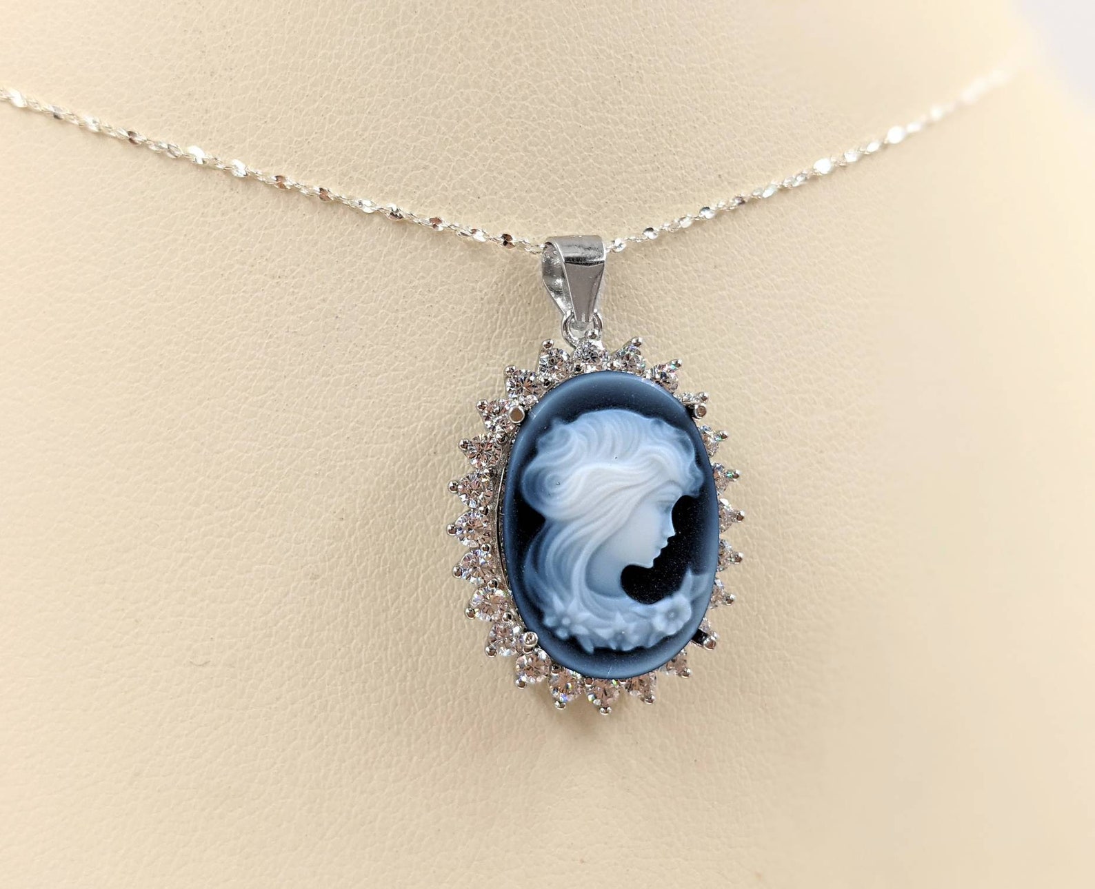 Pave Blue Agate Cameo Necklace Classic Victorian Cameo - Etsy