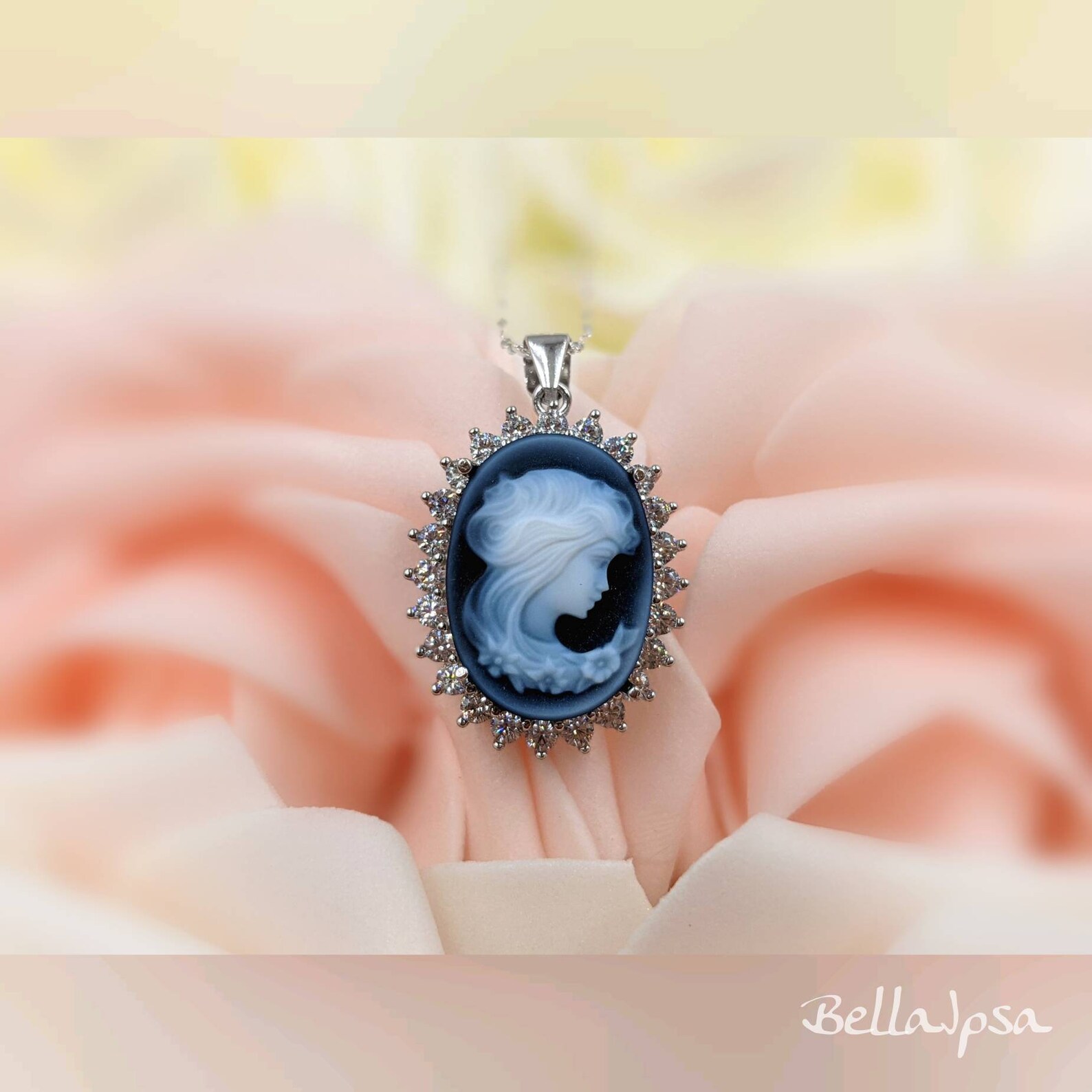 Pave Blue Agate Cameo Necklace Classic Victorian Cameo - Etsy