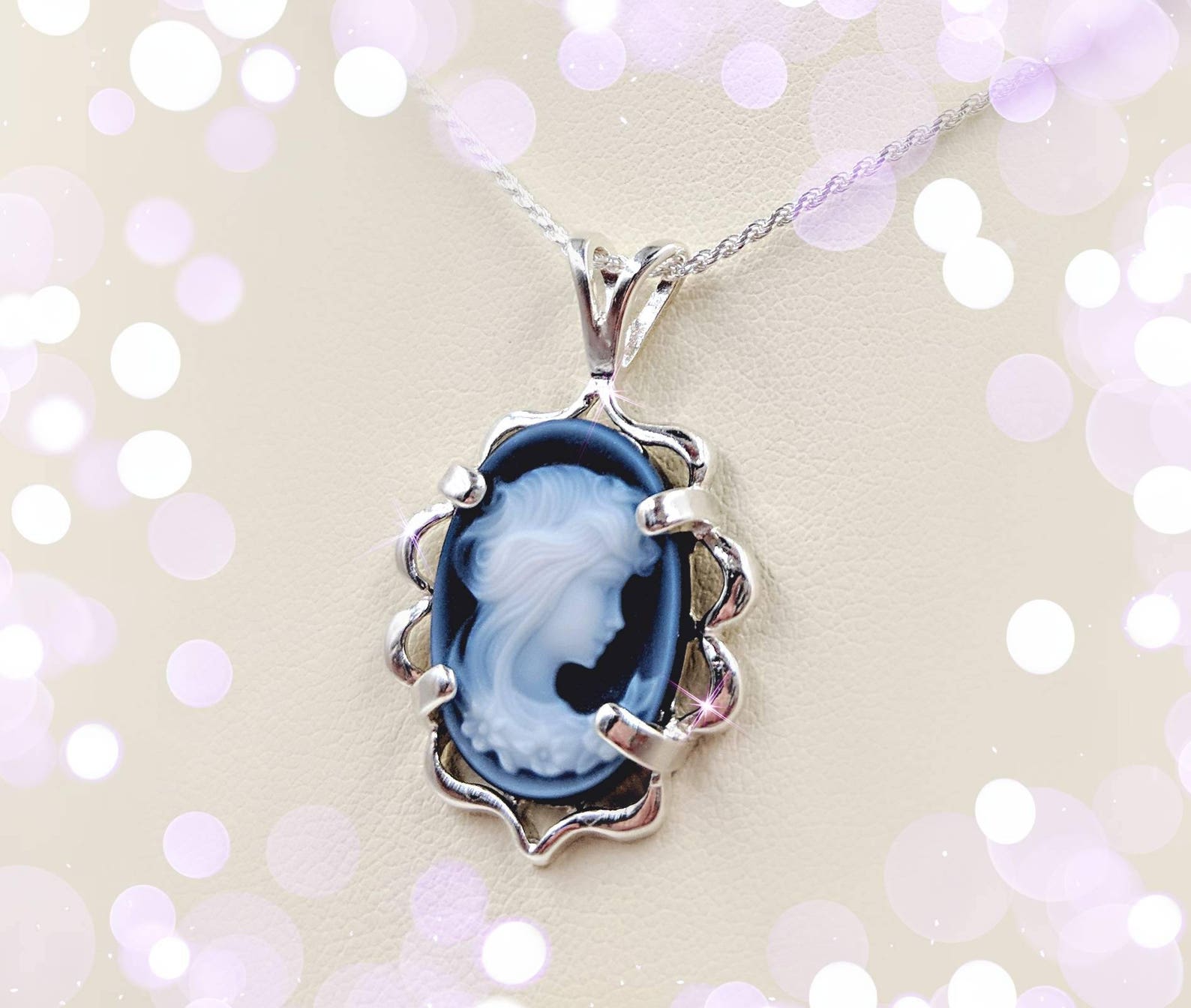 Victorian Cameo, Genuine Agate Cameo Necklace, Blue Woman Stone, Rope ...