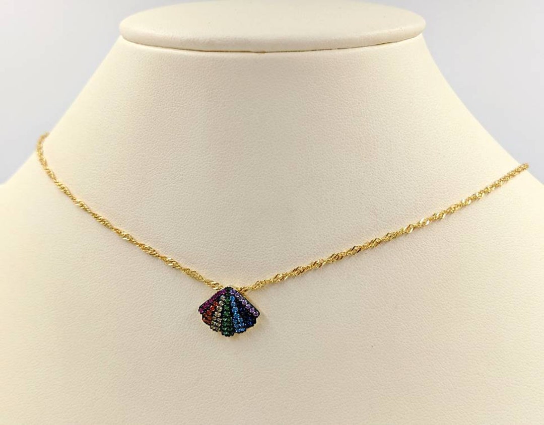 Pave Rainbow Yellow Gold Seashell 925 Gold Scallop Shell Pendant ...