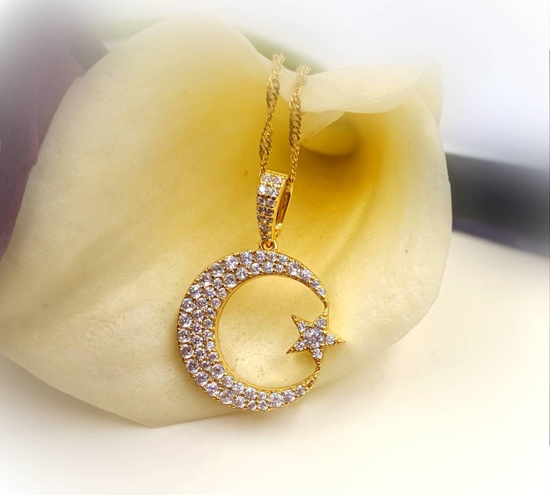 Gold Crescent Moon Necklace; Textured Gold Crescent Moon Necklace; 925 ...