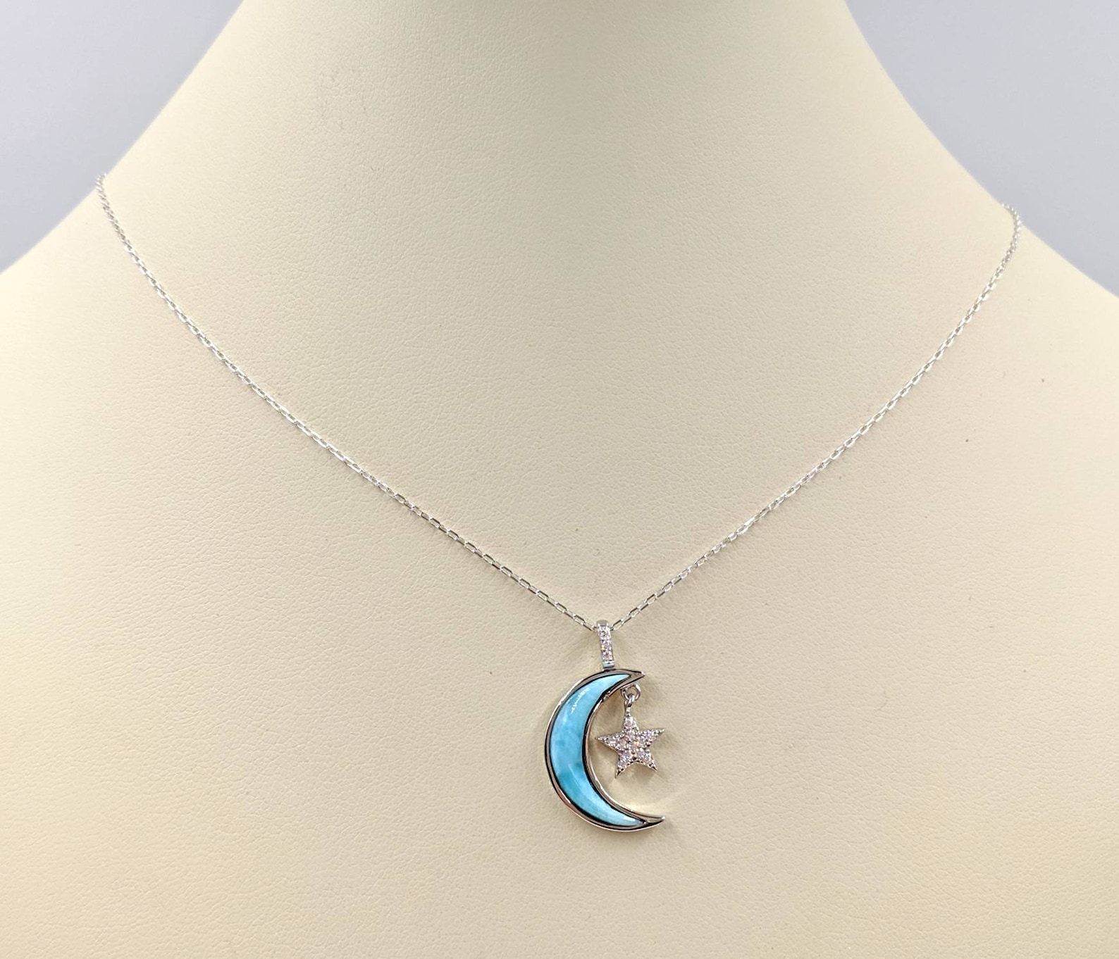 Moon and Star Necklace; 925 Silver Crescent Moon With Blue Larimar ...
