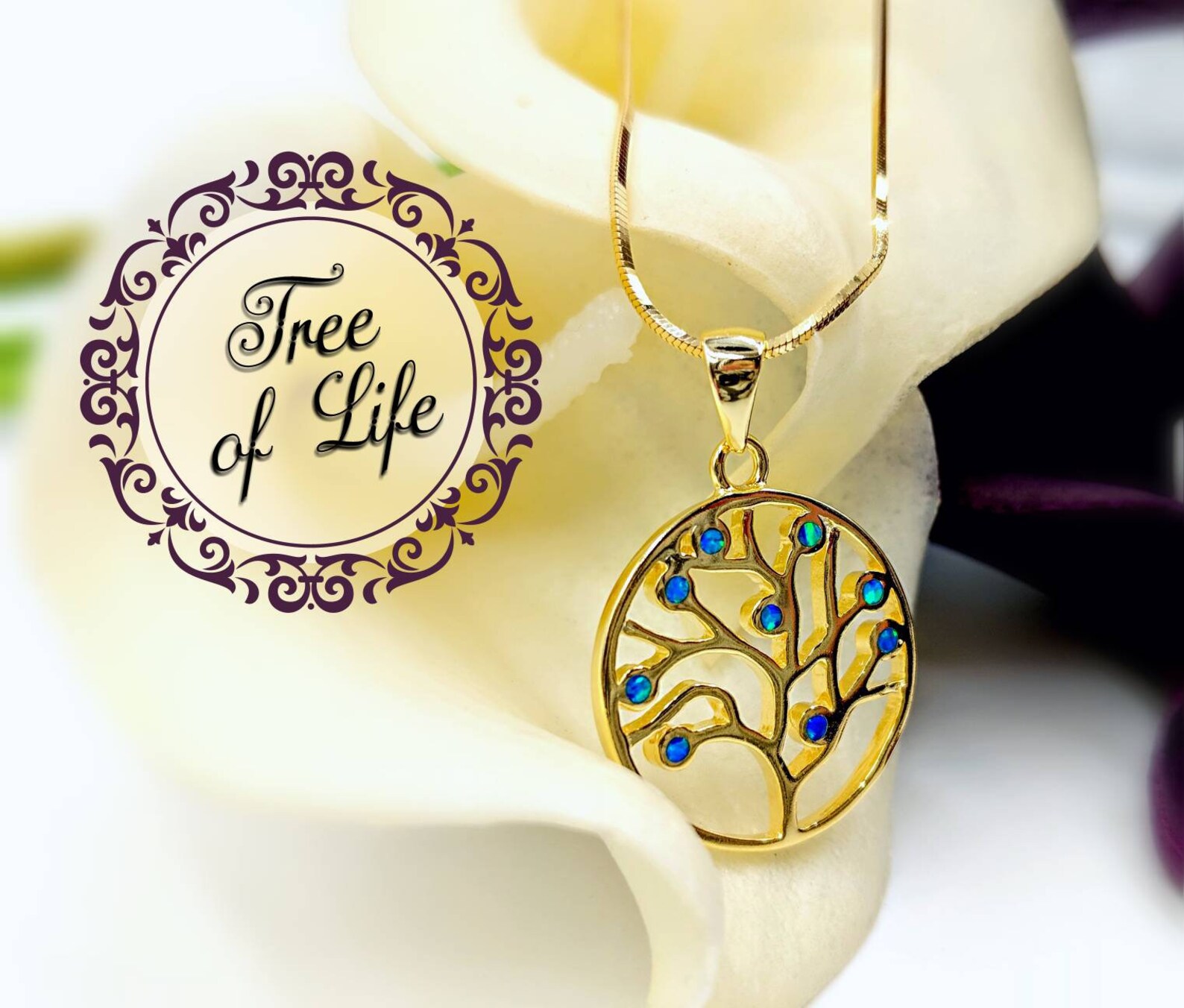925, Gold, & Blue Opal Tree of Life Necklace; Gold Family Tree; Tree of ...